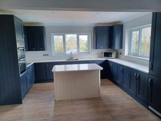 Wren Midnight Blue Solid Oak Doors Shaker Kitchen with Quartz Worktops ...