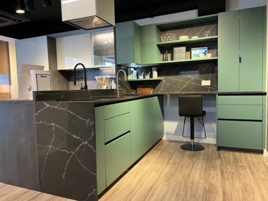 Ex Display Mobalpa Tallys Green & Artscut Kitchen Matching Quartz ...