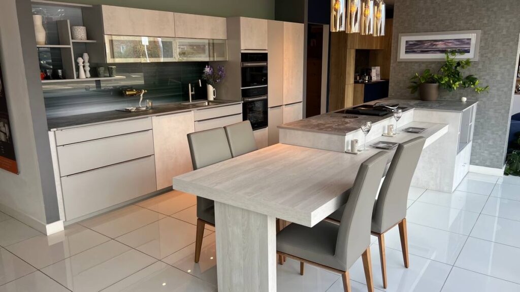 Ex Display Mobalpa Light Cement Kitchen & Peninsular + TV Unit ...