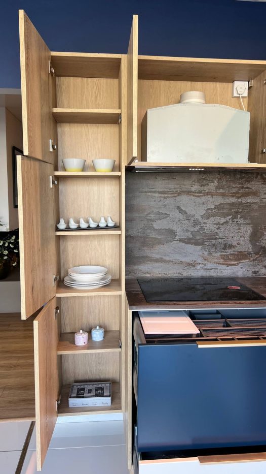 Ex Display Mobalpa White & Blue Kiffa Oak Kitchen & TV Wall Unit ...