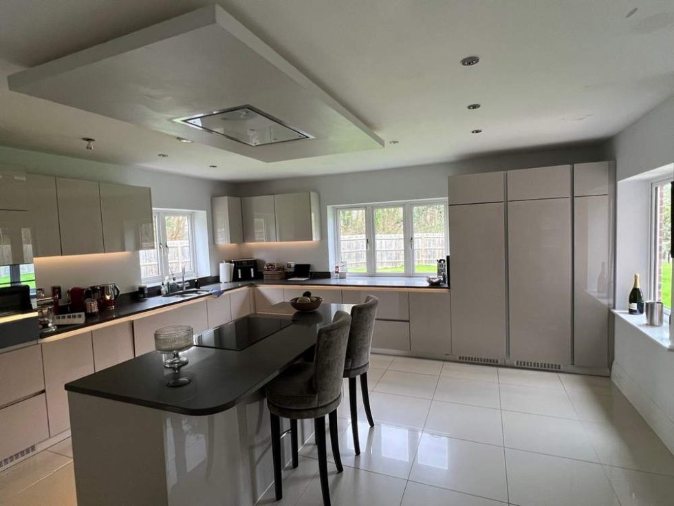 Large Modern Taupe Gloss Handleless Kitchen with Island and Utility ...