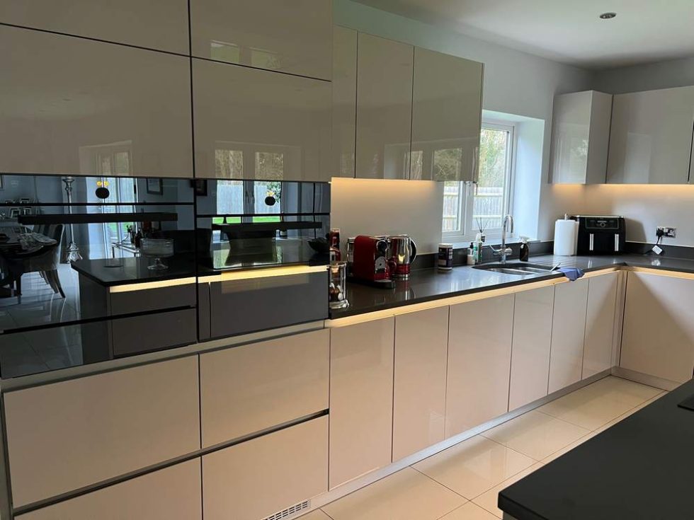 Large Modern Taupe Gloss Handleless Kitchen with Island and Utility ...