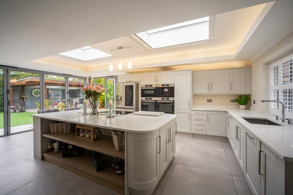 Howdens Dove Grey Shaker Kitchen with Island & Granite Worktops ...