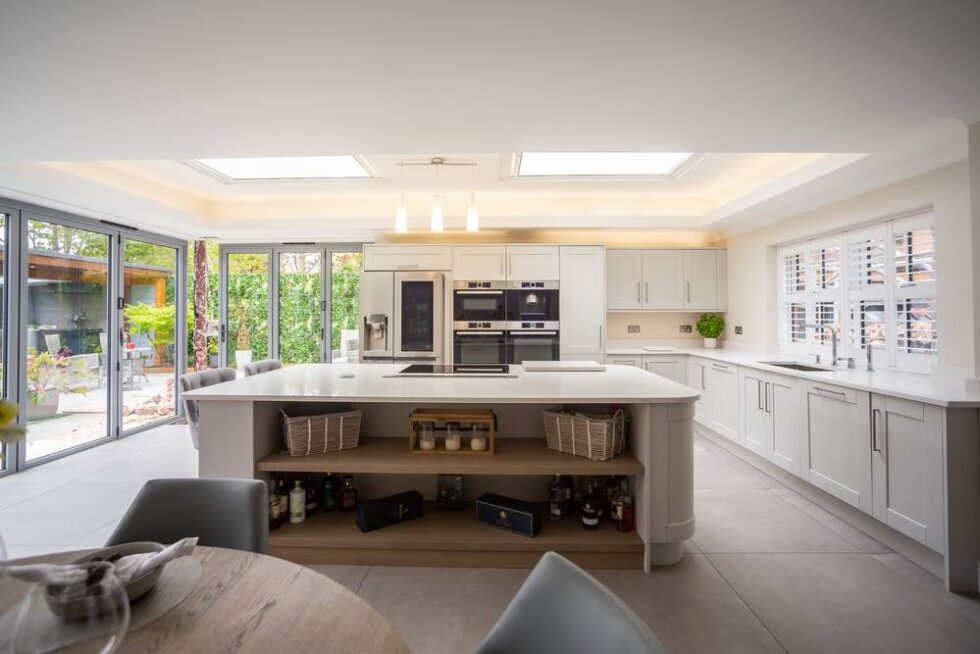 Howdens Dove Grey Shaker Kitchen with Island & Granite Worktops ...