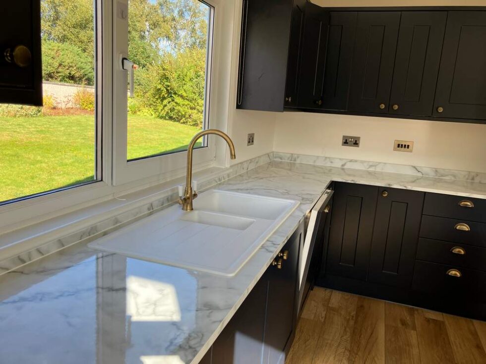 Howdens Blue Shaker Brushed Brass Handled Kitchen & Matching Island ...