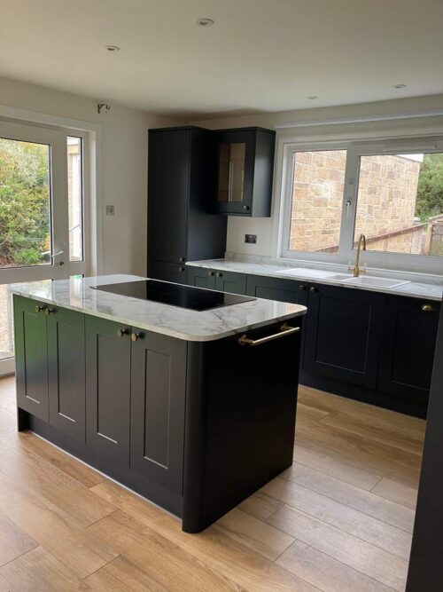 Howdens Blue Shaker Brushed Brass Handled Kitchen & Matching Island ...